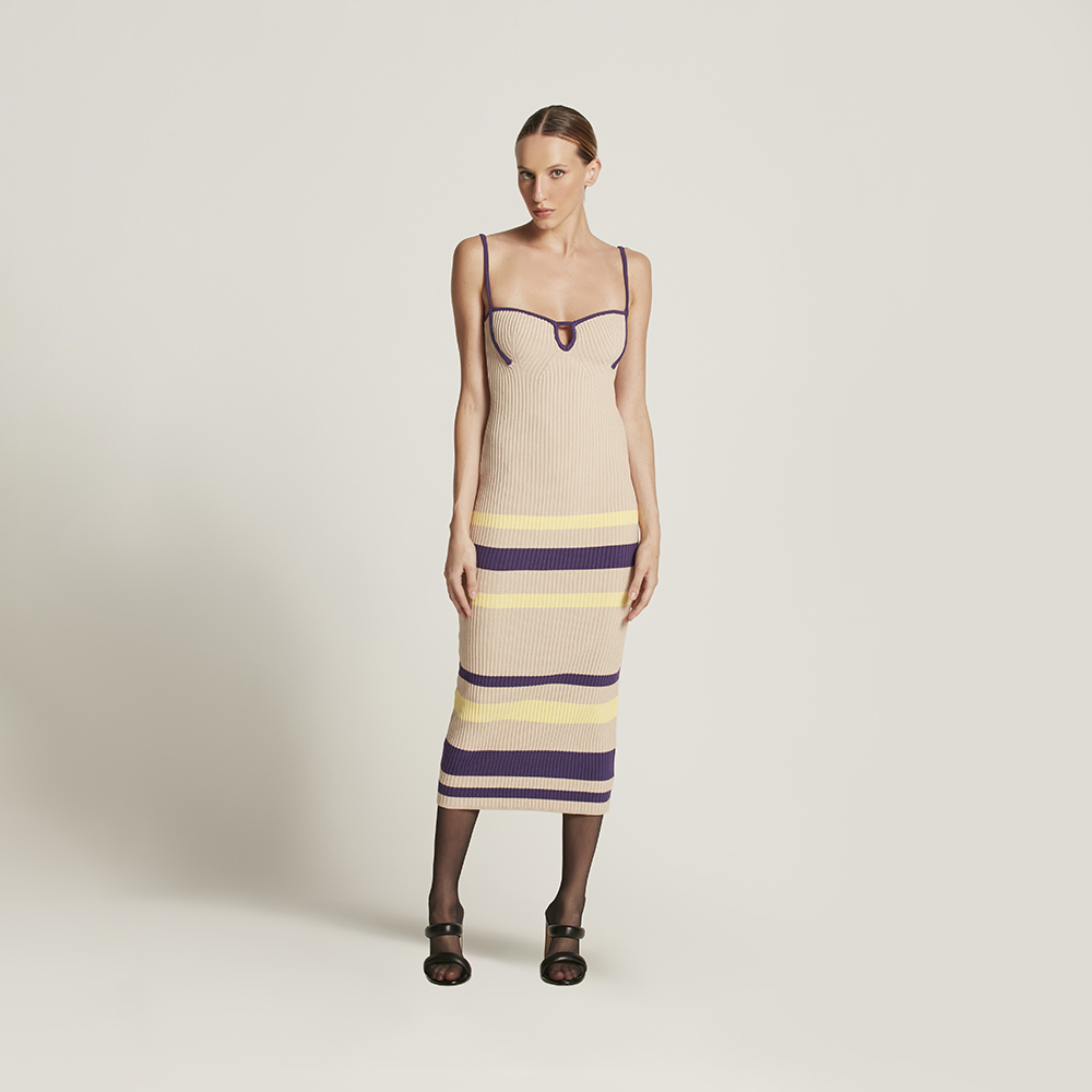 Vestido Midi em Tricot Ginger Nostalgic Stripes Roxo e Bege